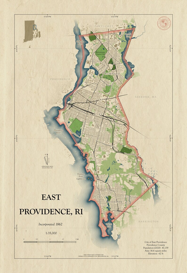 Rhode Island City Map Print: Barrington, Cranston, Warwick - Etsy