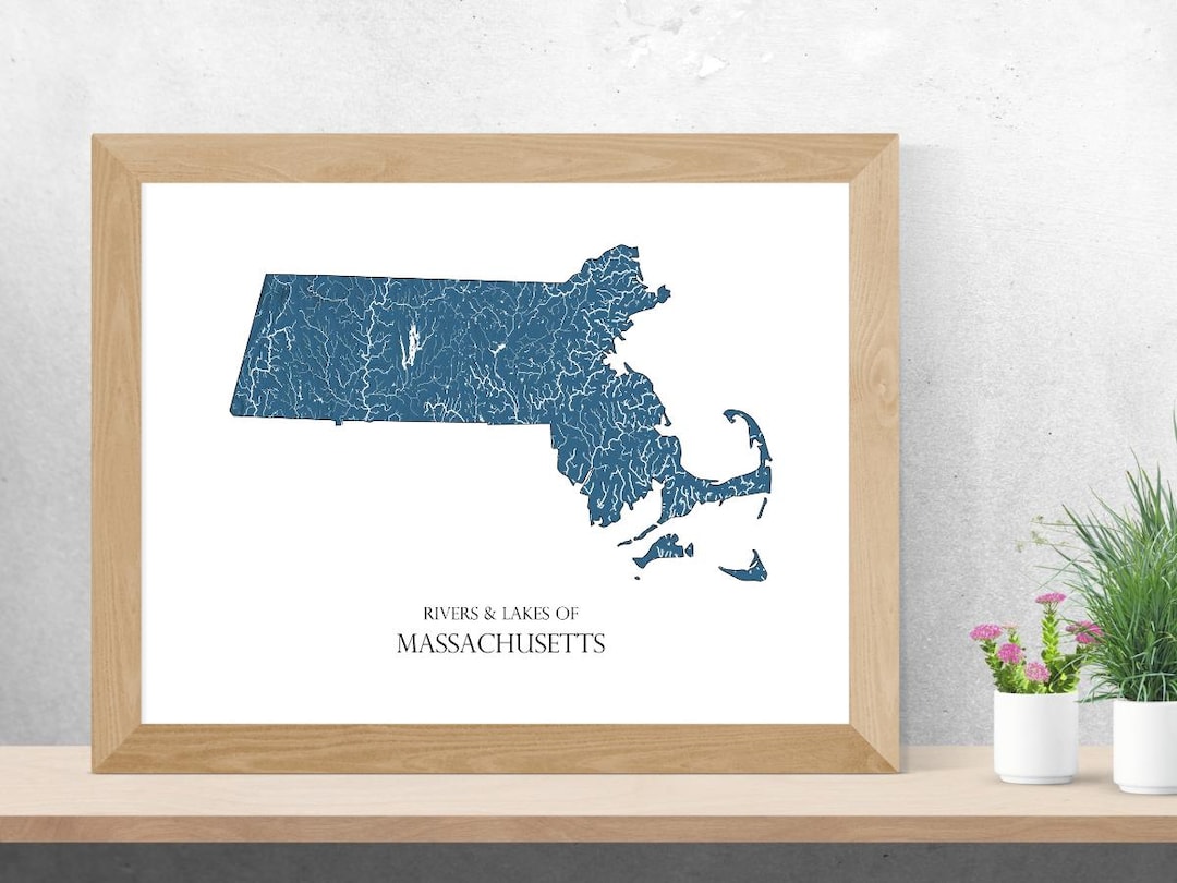 Massachusetts Rivers and Lakes Map Poster: Hydrological Art Print ...
