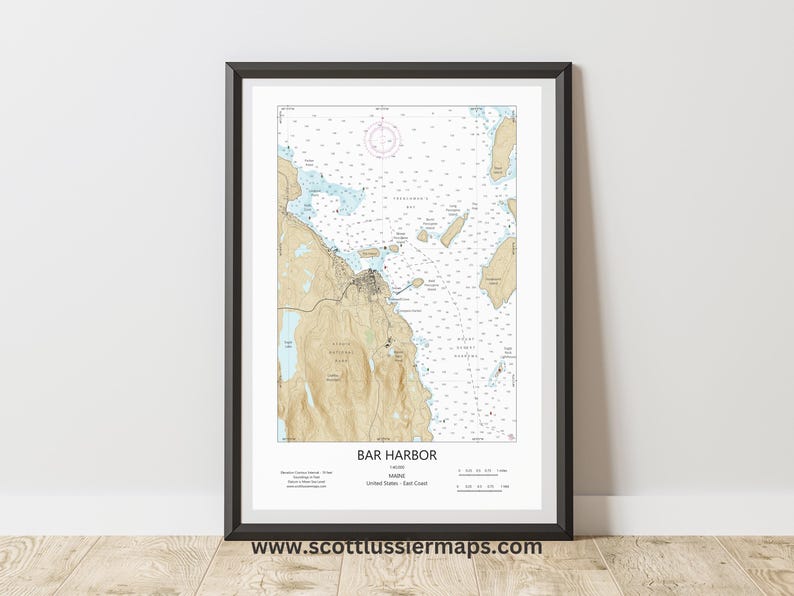 Map of Bar Harbor Maine Map Art Print Travel Poster CHART or COASTAL ...