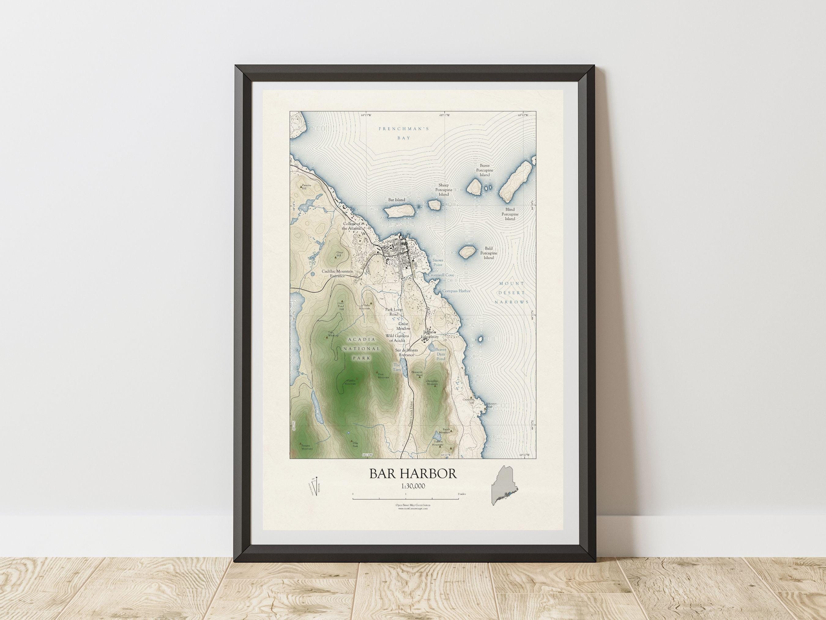 Bar Harbor Maine Map Art Print Poster Available in Vintage or Nautical ...