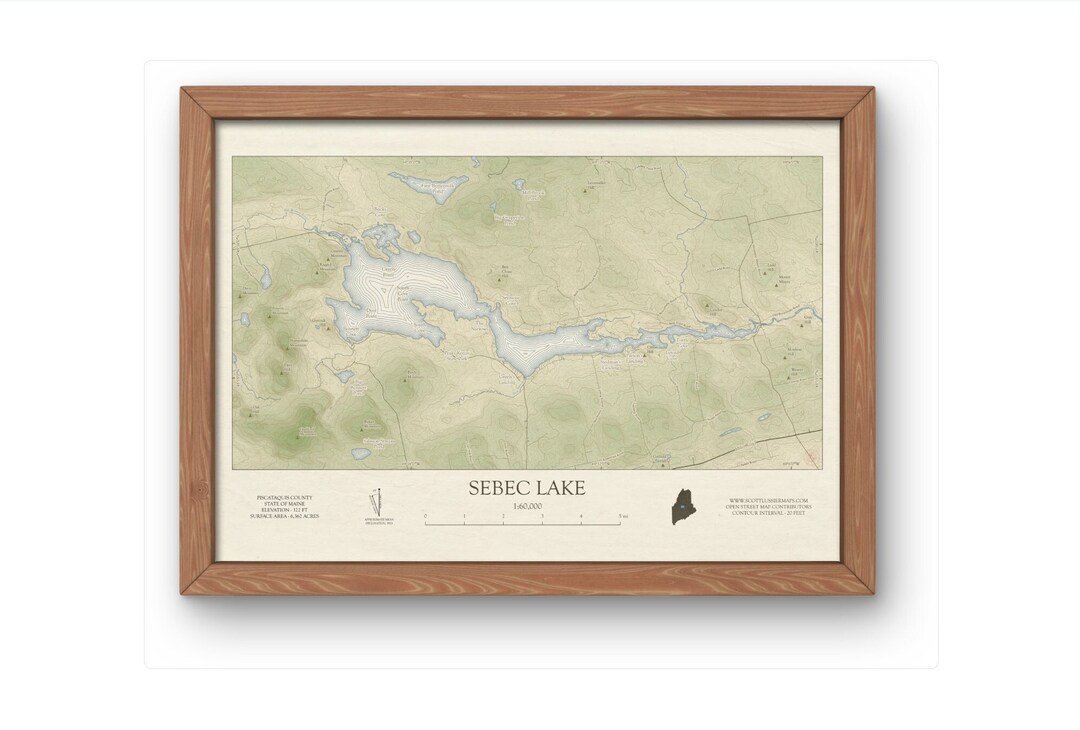 Sebec Lake Map VINTAGE NH Print Art Wall Decor Travel Memory Navigation ...