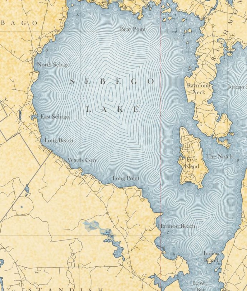 Sebago Lake Map Vintage Topographic Style With Tan and Blue - Etsy