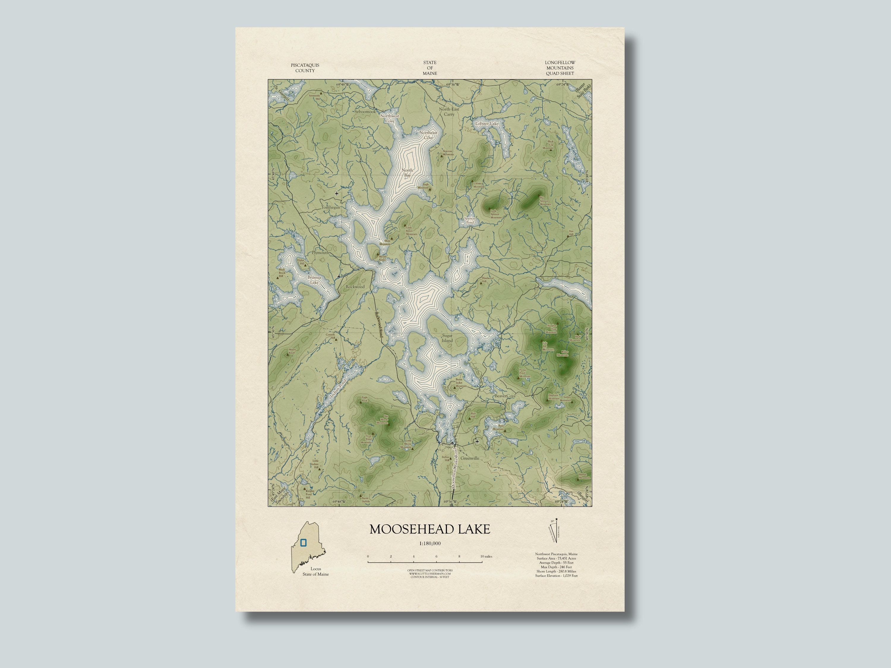 Moosehead Lake Map, Moosehead Lake, Maine, Moosehead Lake Map Print ...