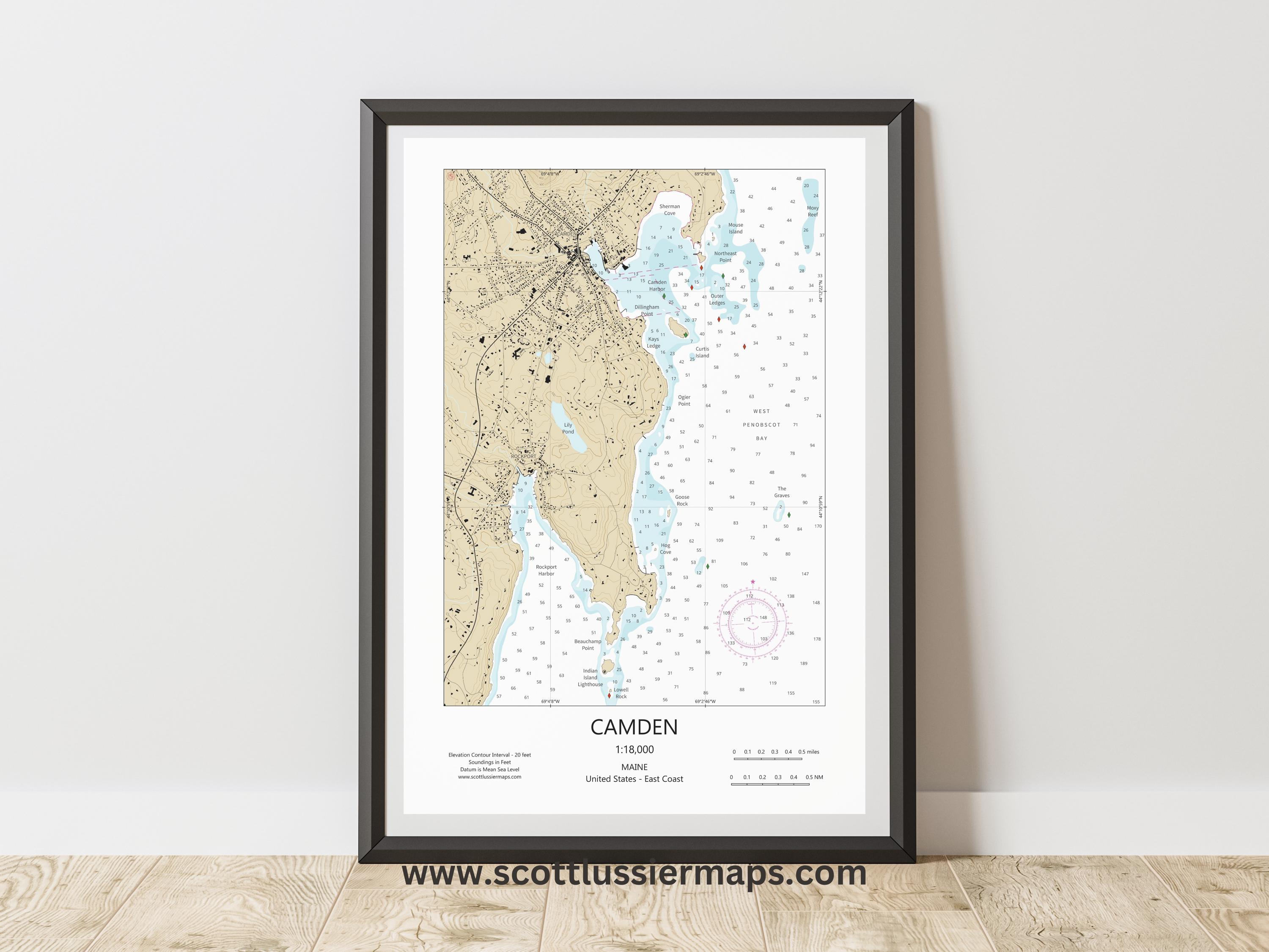 Camden Maine Map CHART Print Art Wall Decor Travel Memory Navigation ...