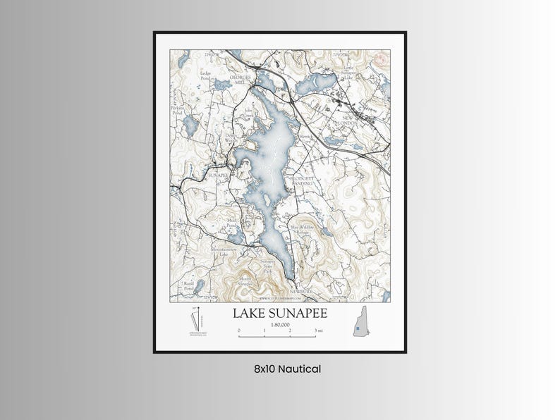 Map of Lake Sunapee NH Map Print: Vintage Style Travel Art ...