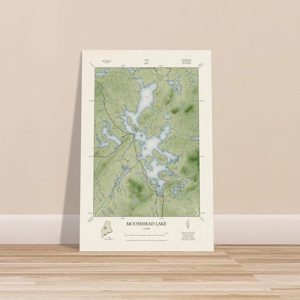 Moosehead Lake Map, Moosehead Lake, Maine, Moosehead Lake Map Print ...