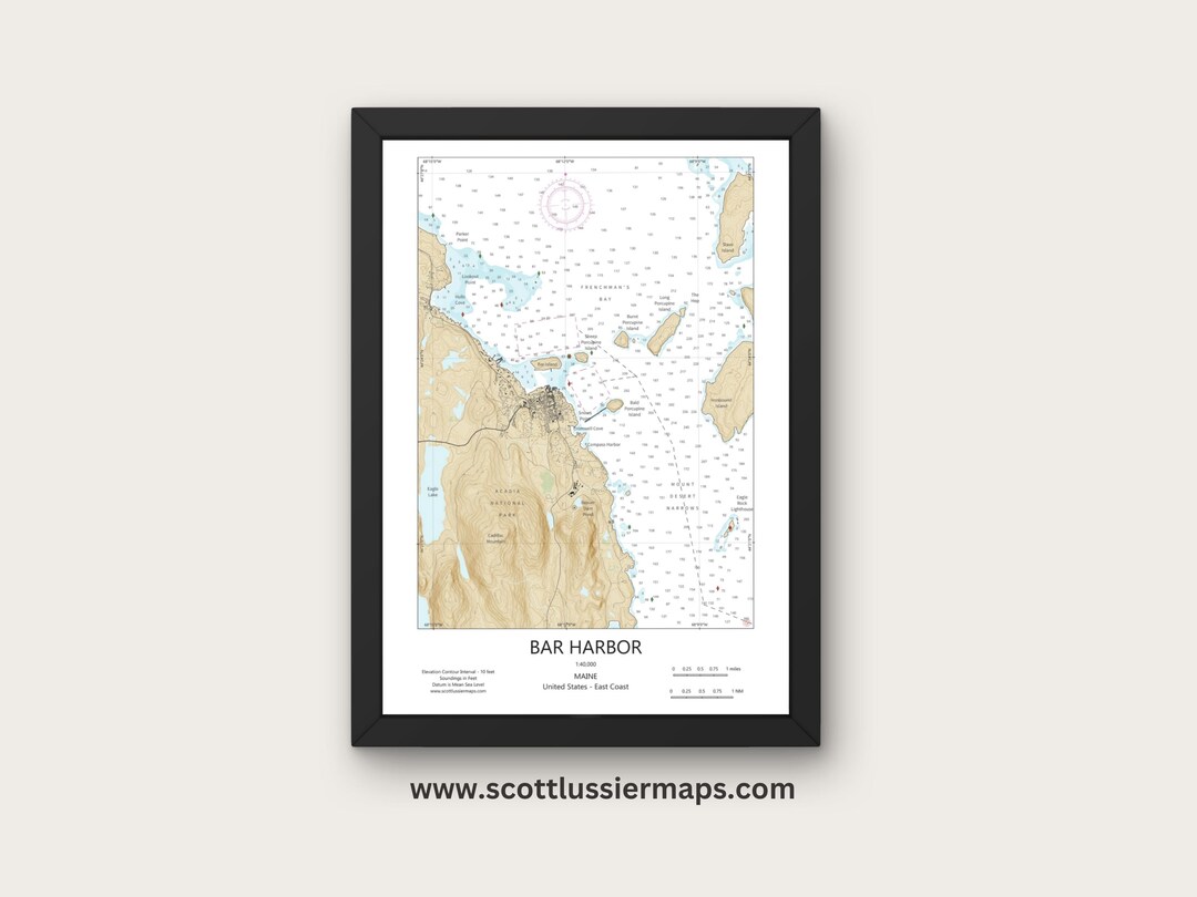 Bar Harbor Maine Map Art Print Travel Poster CHART Style - Etsy