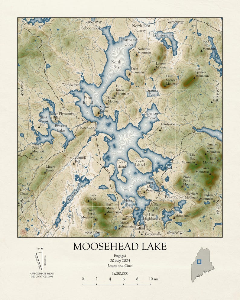 Map of Moosehead Lake Maine Map Art Print Poster Available in Vintage ...