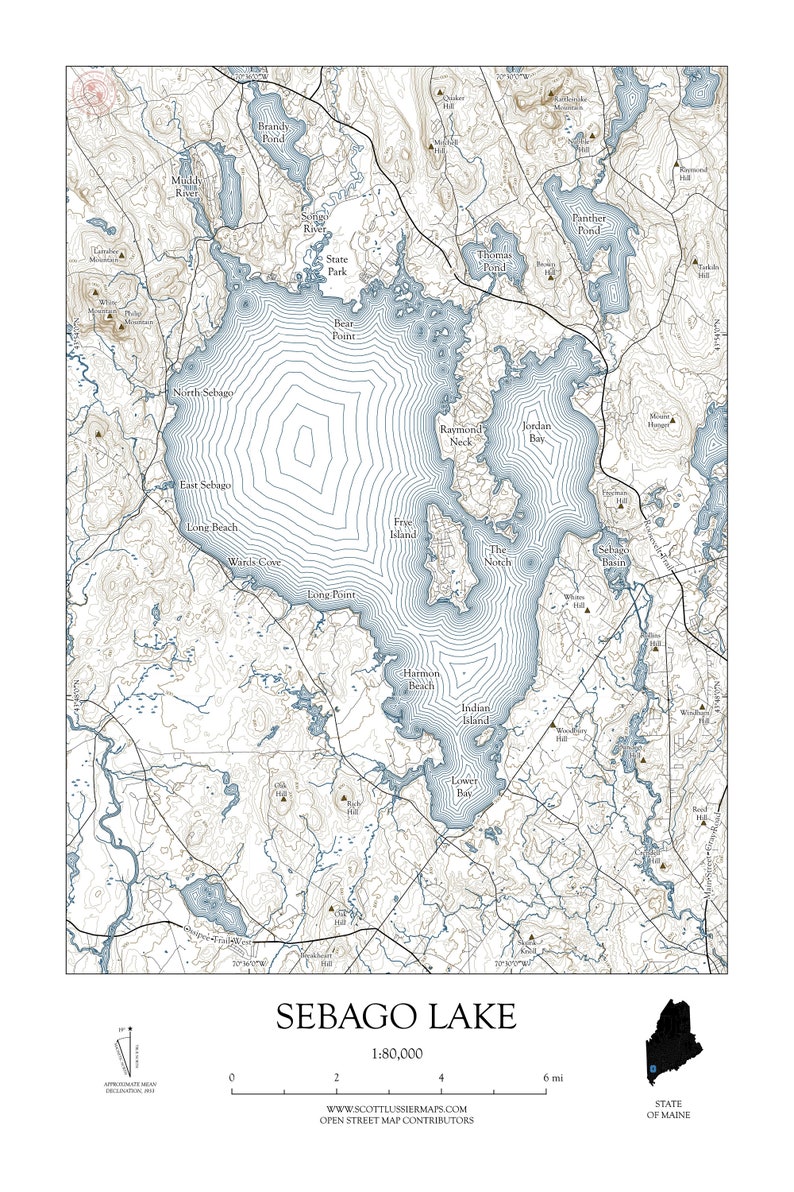 Sebago Lake Map, Sebago Lake, Maine Print, Sebago Lake Art, Sebago Lake ...