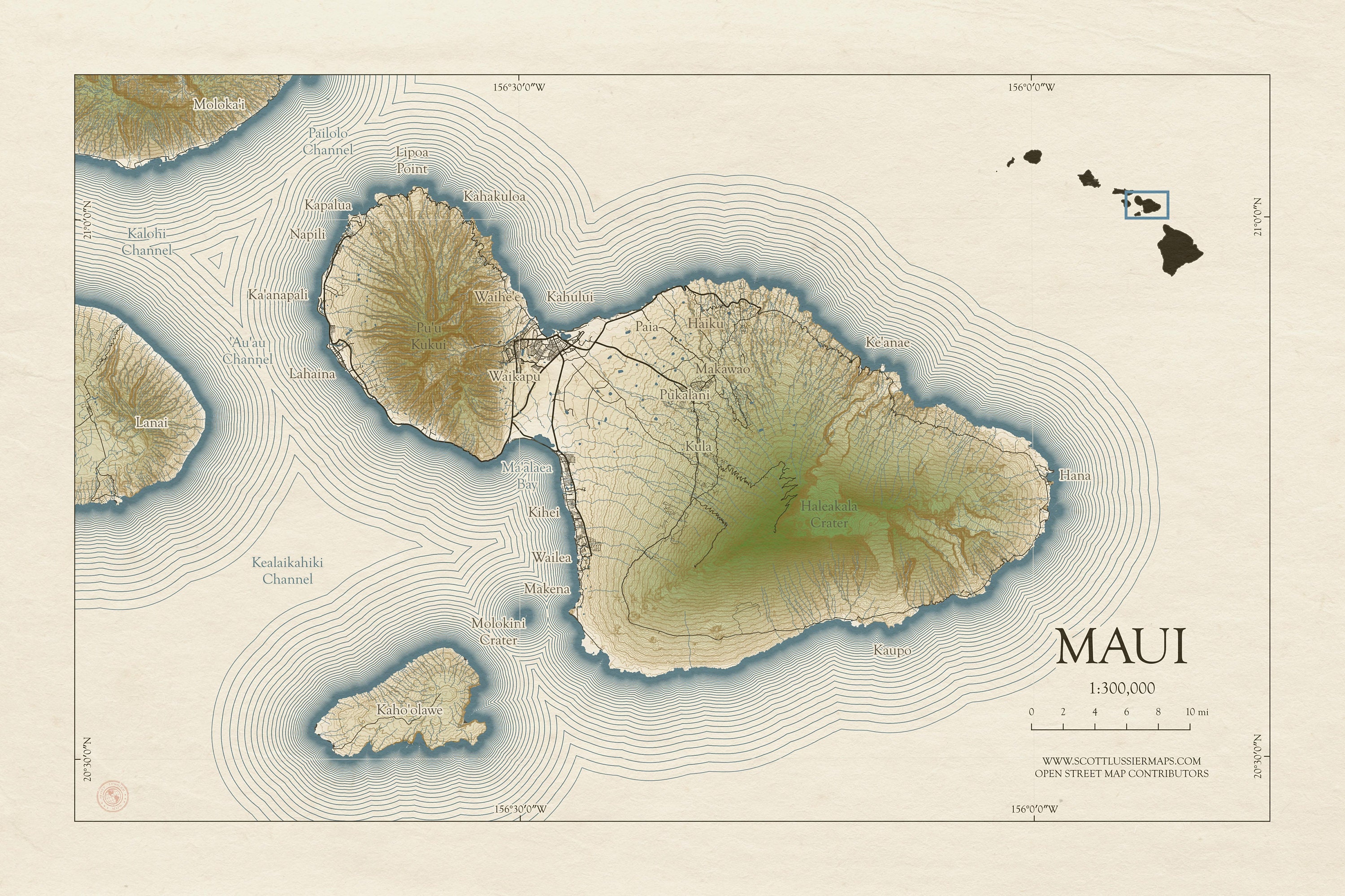 Maui Map, Maui Hawaii, Maui Island Map, Maui HI, Maui Print, Maui Art ...