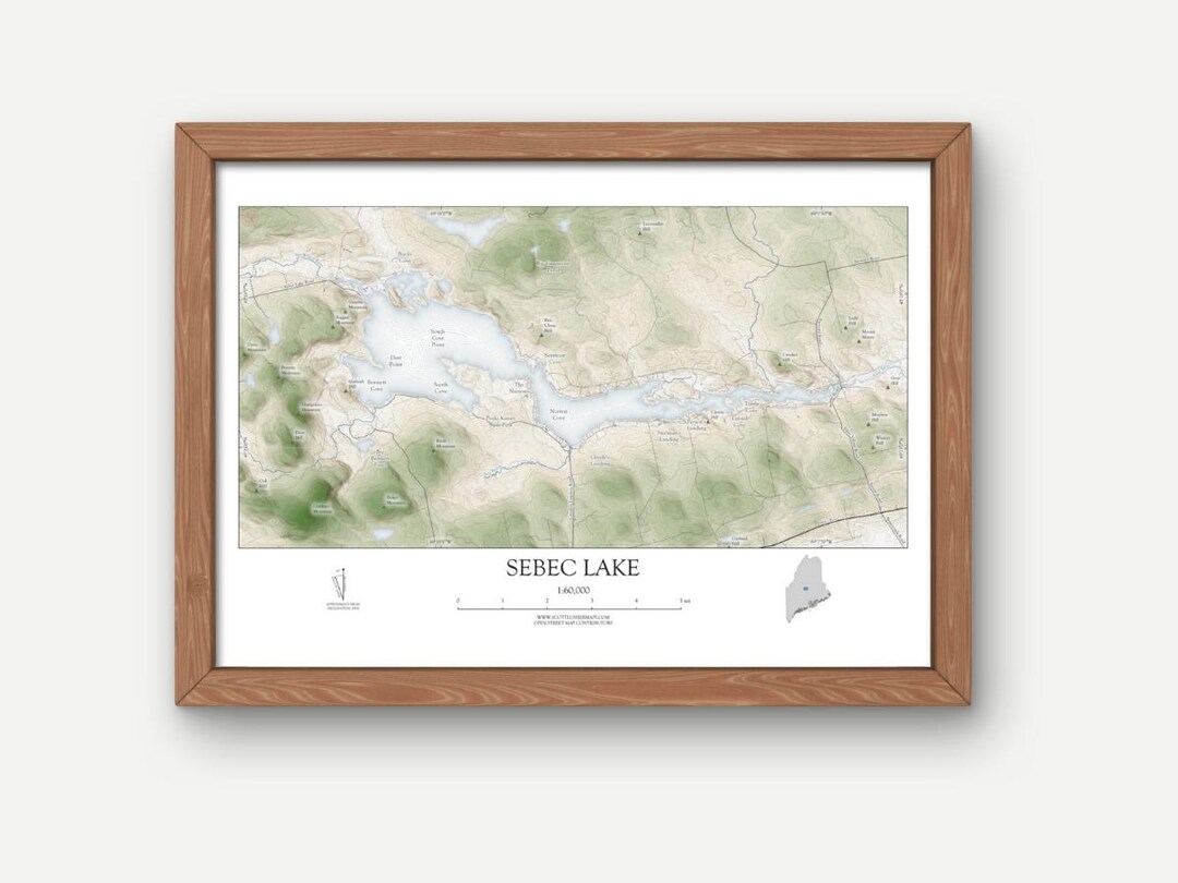 Sebec Lake Maine Map Art Print Wall Decor Travel Memory Navigation ...