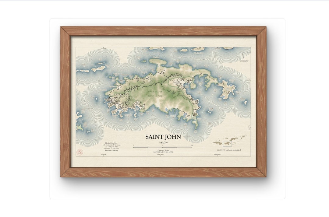 St John Map VINTAGE USVI Print Art Wall Decor Travel Memory Navigation ...