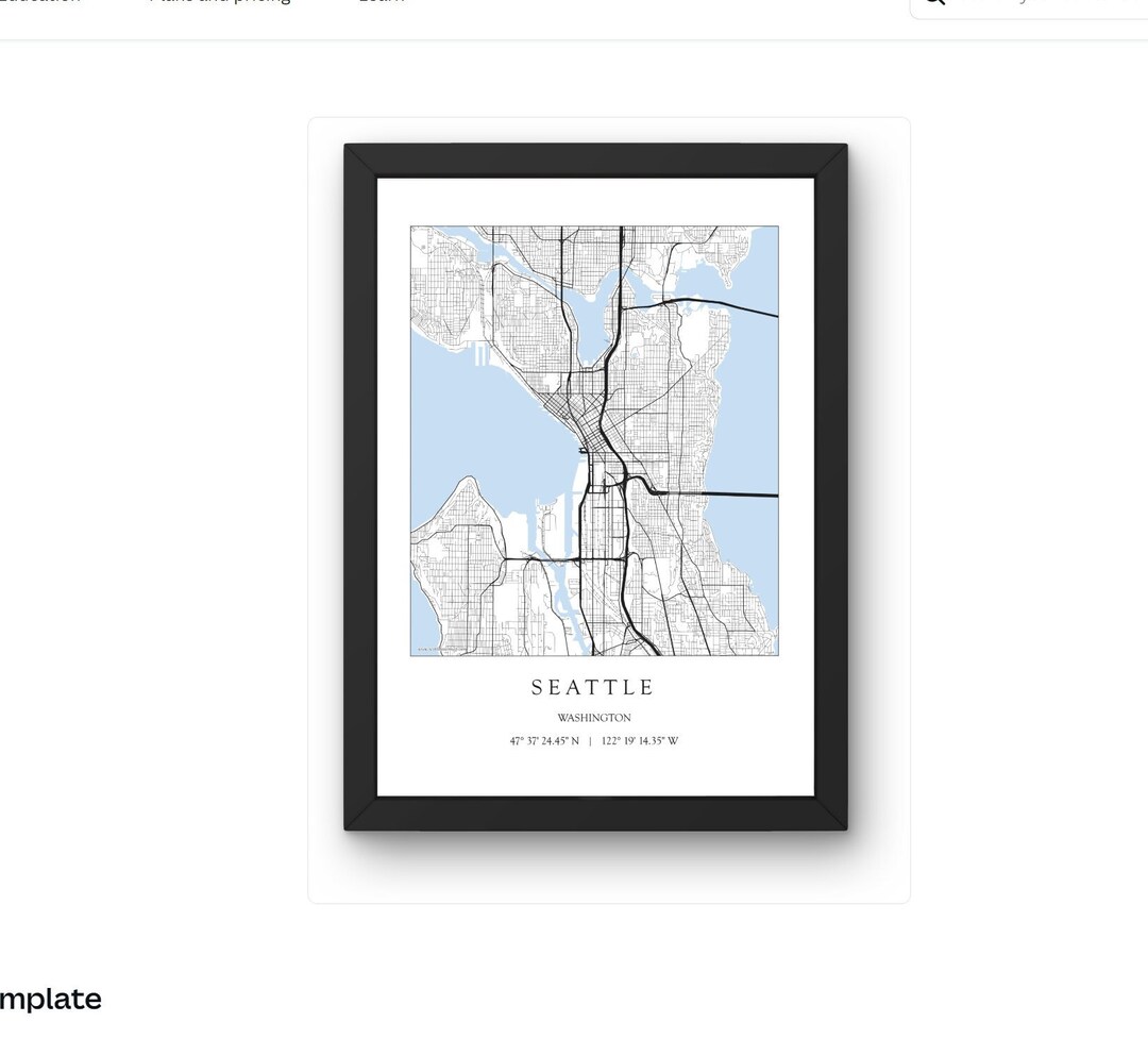 Seattle Minimal Map Light Blue INSTANT Print City of Seattle Minimal ...