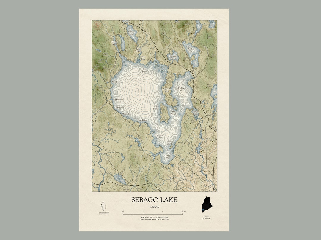 Sebago Lake Map, Sebago Lake, Maine Print, Sebago Lake Art, Sebago Lake ...