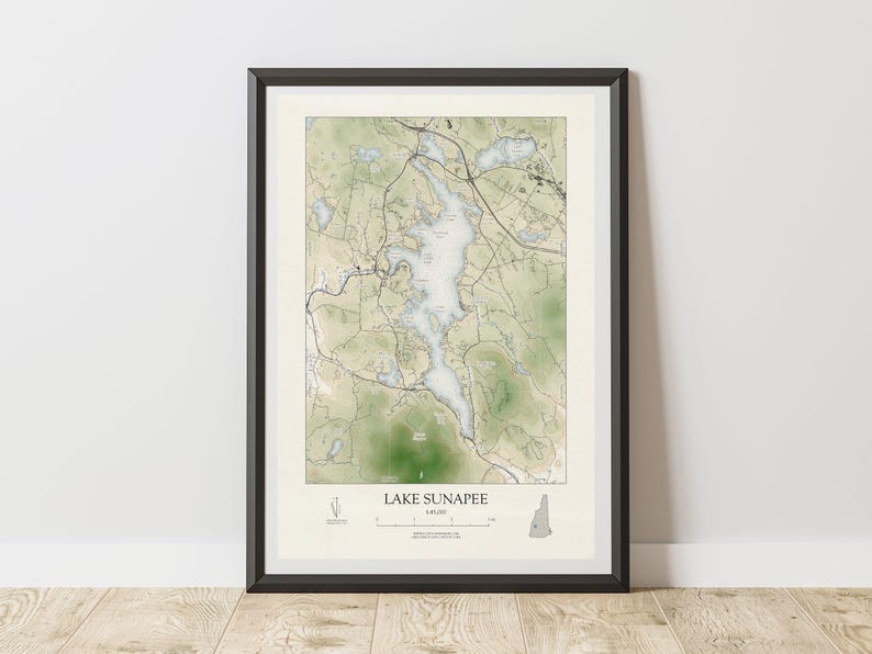 Map of Lake Sunapee NH Map Print: Vintage Style Travel Art ...