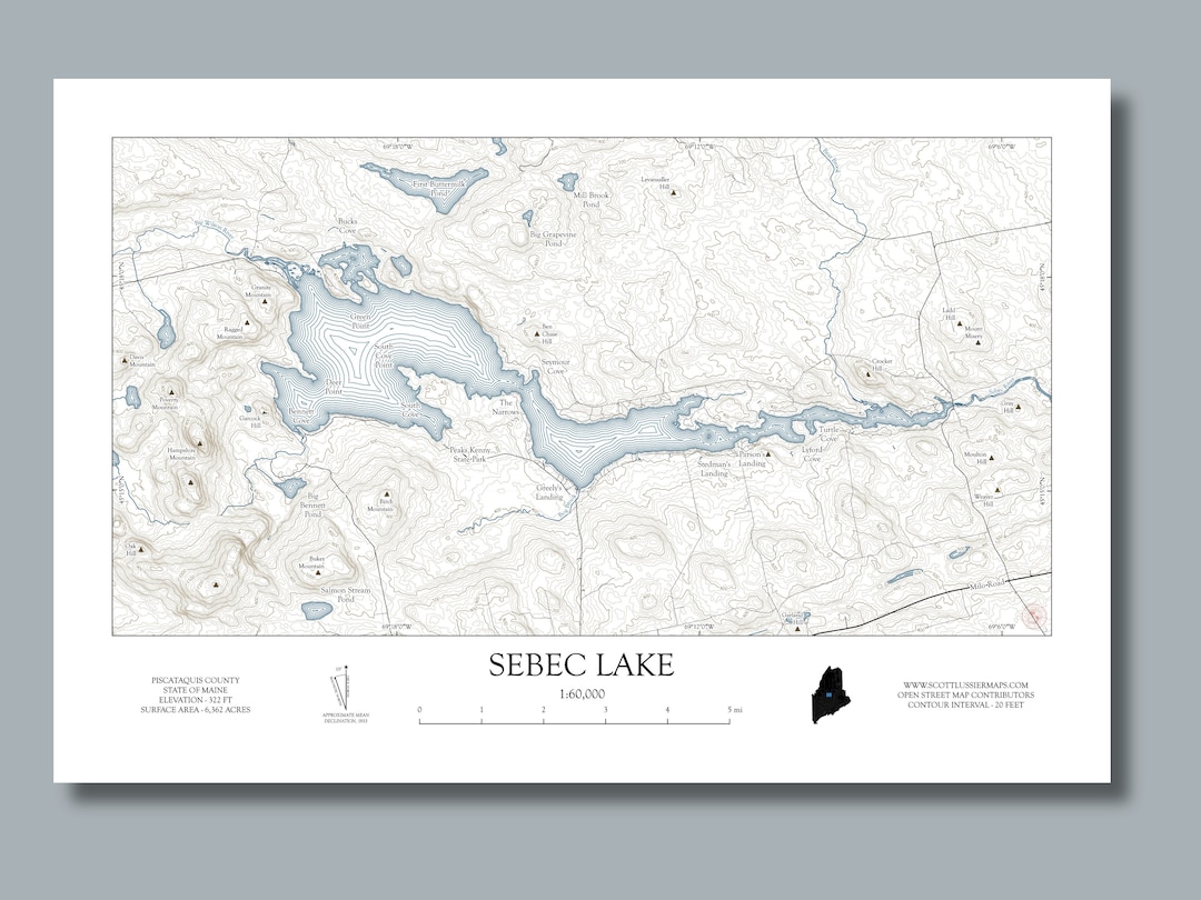 Sebec Lake Map Nautical Style Unframed - Etsy