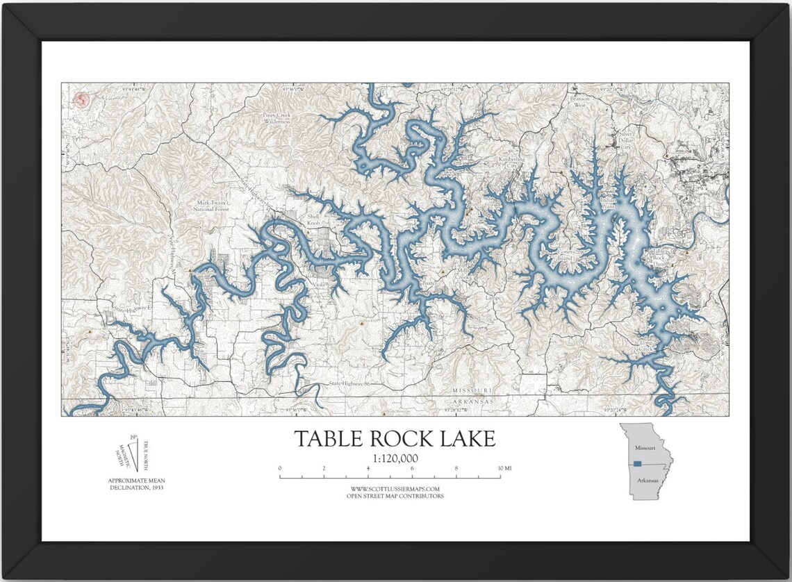 Table Rock Lake, MO Map Nautical Style, Table Rock Missouri Print, Map ...