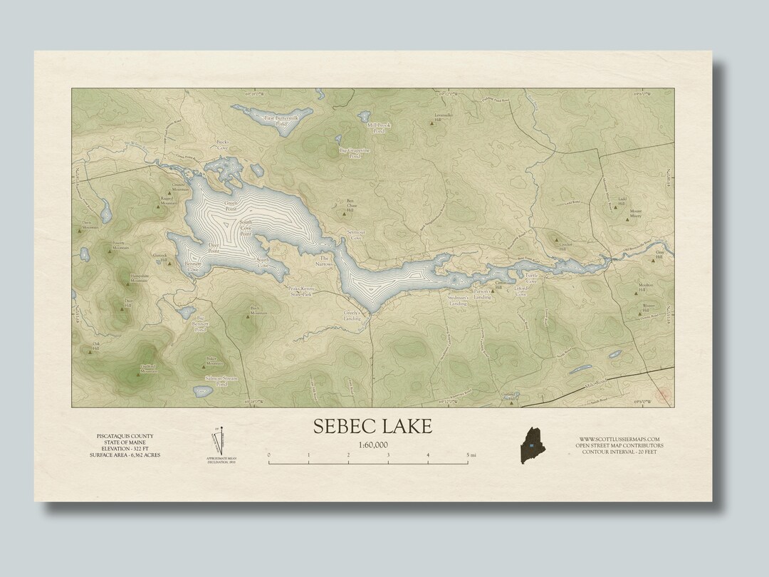 Sebec Lake Map, Sebec Lake, Maine Print, Sebec Lake Art, Sebec Lake ...