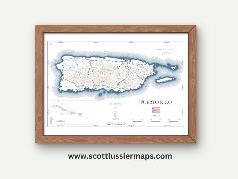 Puerto Rico Map NAUTICAL Print Art Wall Decor Poster Travel Memory ...