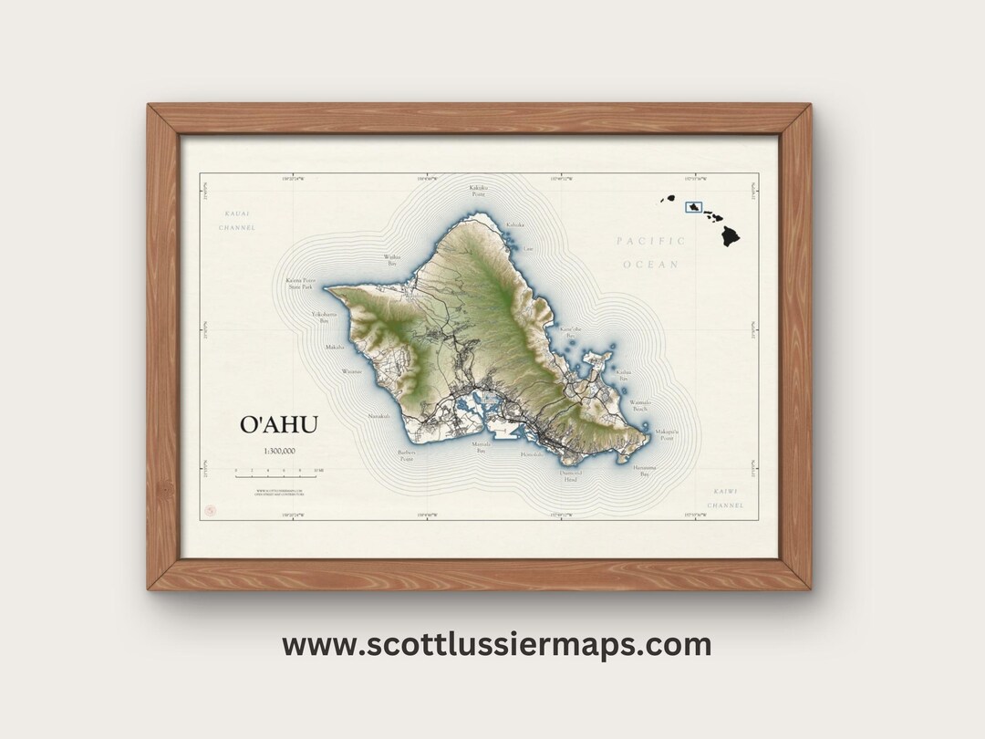 Oahu Map VINTAGE Hawaii Island HI Print Art Wall Decor Travel Memory ...