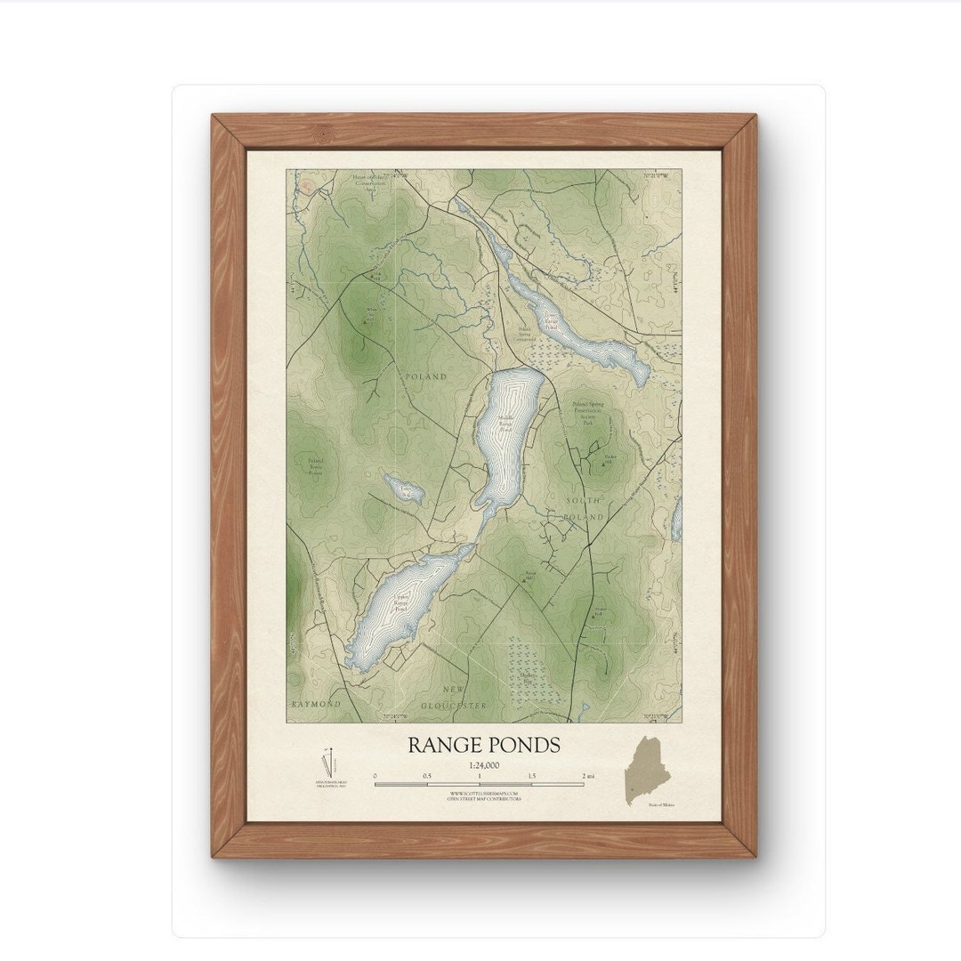 Range Ponds Map VINTAGE Maine Print Art Wall Decor Travel Memory ...