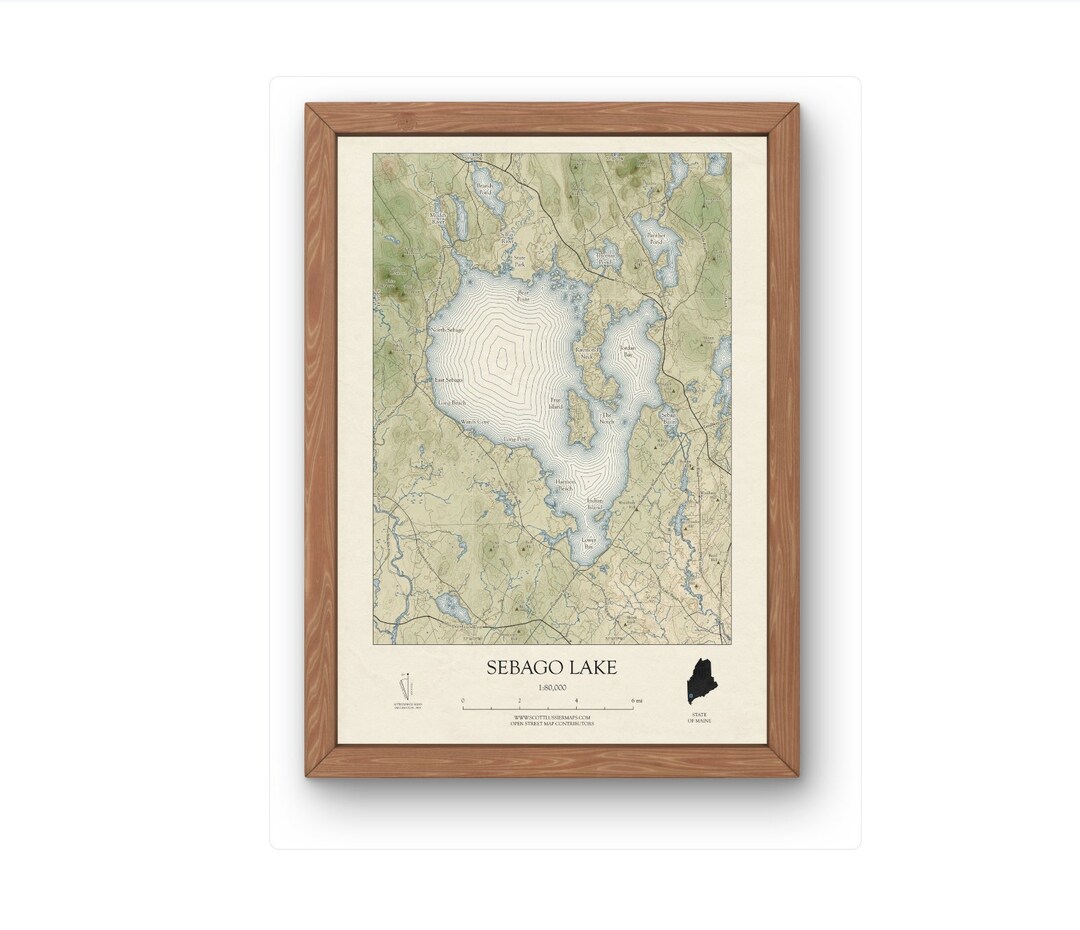 Sebago Lake Map, Sebago Lake, Maine Print, Sebago Lake Art, Sebago Lake ...
