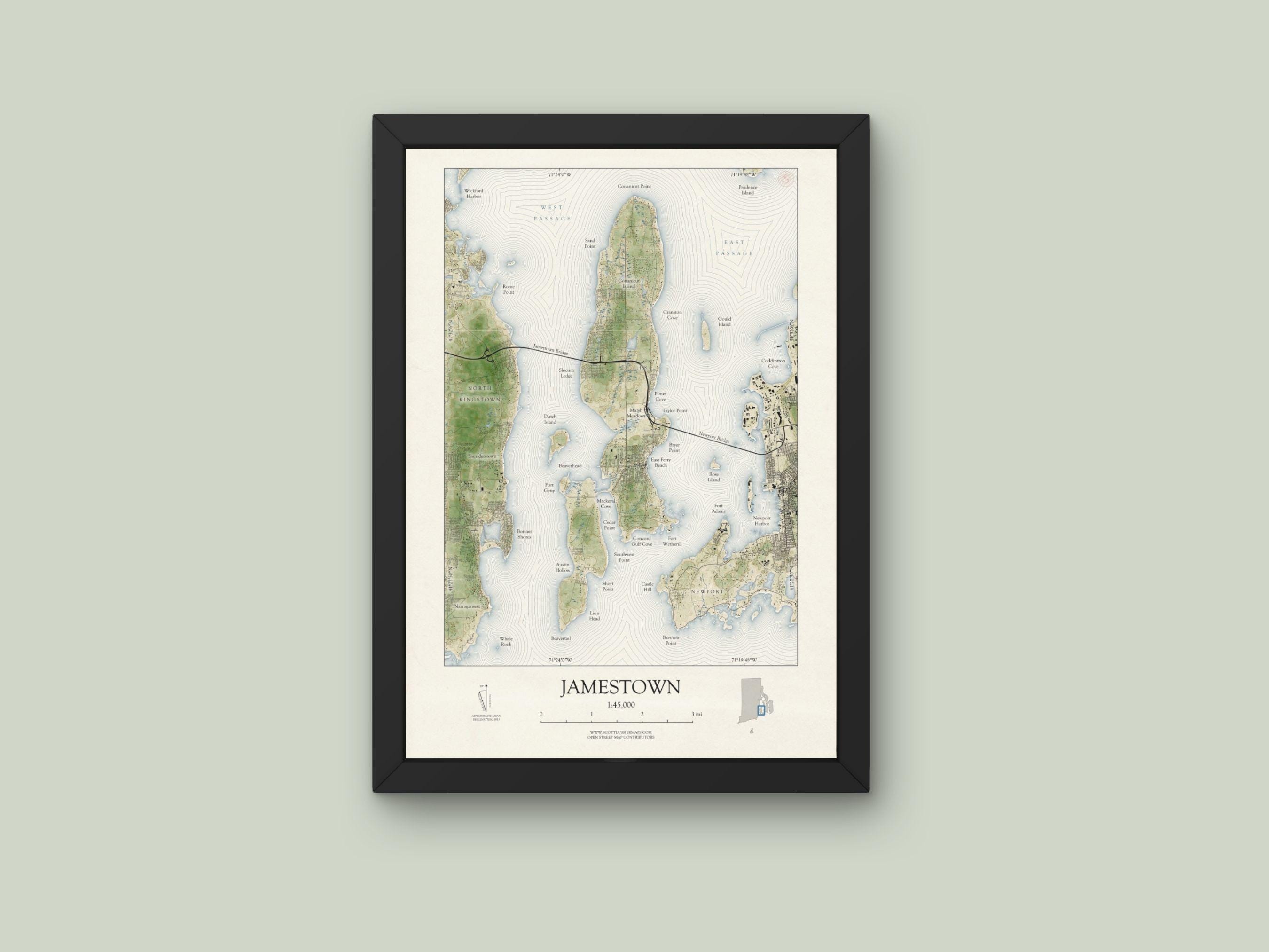 Jamestown RI Map VINTAGE Rhode Island Print Art Wall Decor Travel ...