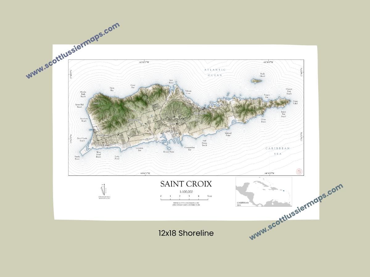 Map of Saint Croix Map Print: Shoreline or Vintage Style Travel Art ...
