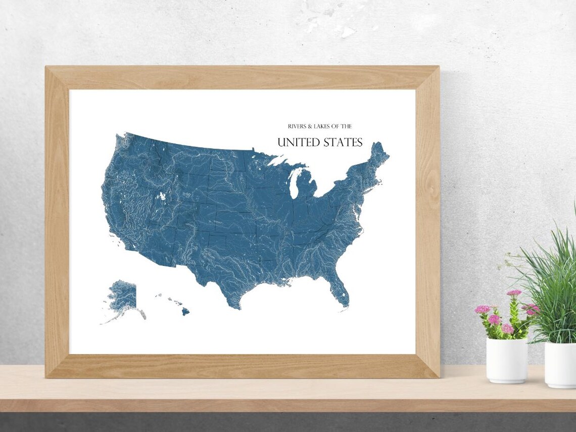 US United States Hydrological Map Print: Rivers and Lakes Poster Art - Etsy