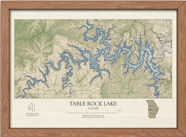 Table Rock Lake, MO Map Vintage Style, Table Rock Missouri Print, Map ...