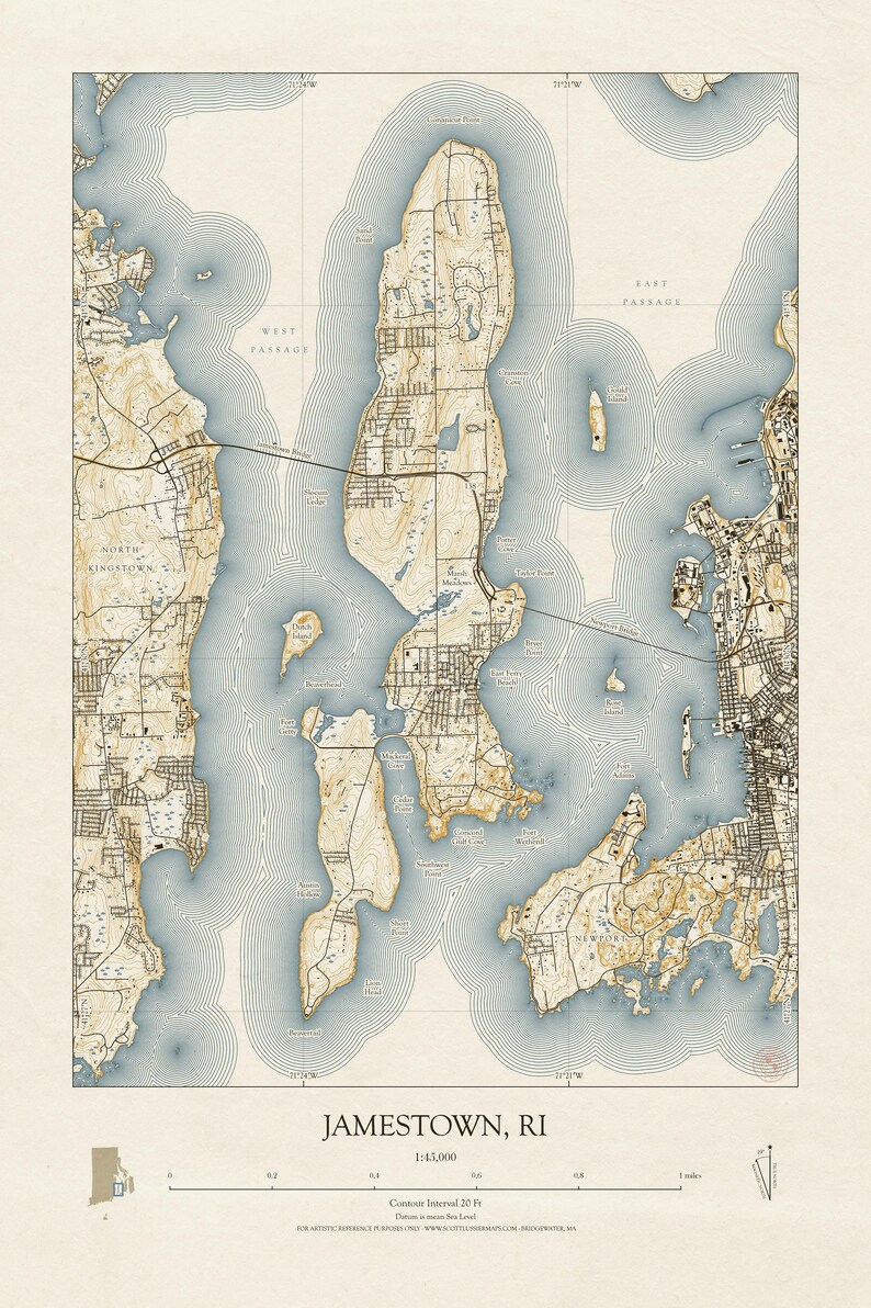 Jamestown, RI Map Vintage Style , Jamestown Map Art, New Personalized ...