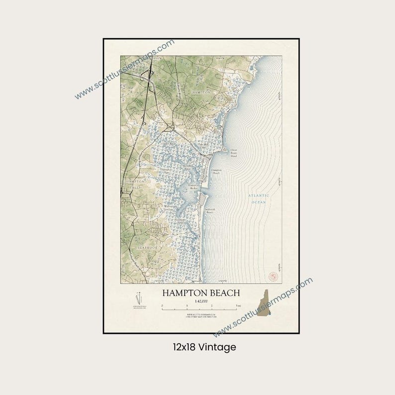 Hampton Beach NH Map VINTAGE Print Art Wall Decor Travel Memory ...
