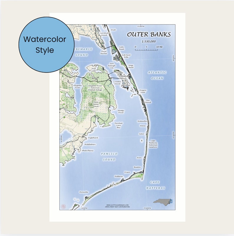 Outer Banks Map, WATERCOLOR, Outer Banks Print, Outer Banks Art, Outer ...