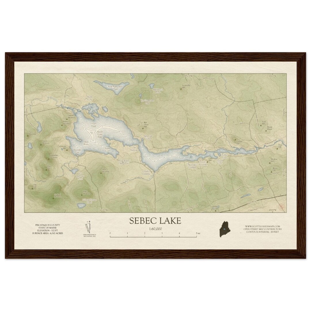 Sebec Lake, Maine Map Vintage Style Framed - Etsy