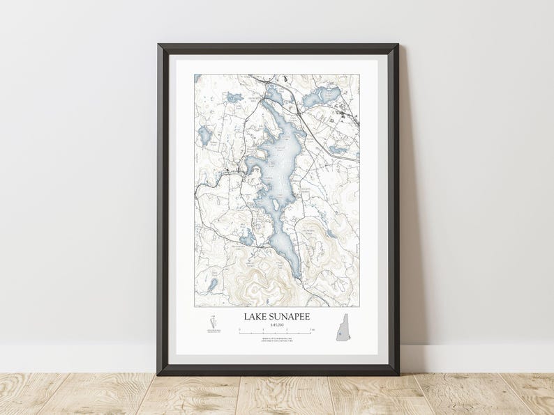 Map of Lake Sunapee NH Map Print: Vintage Style Travel Art ...