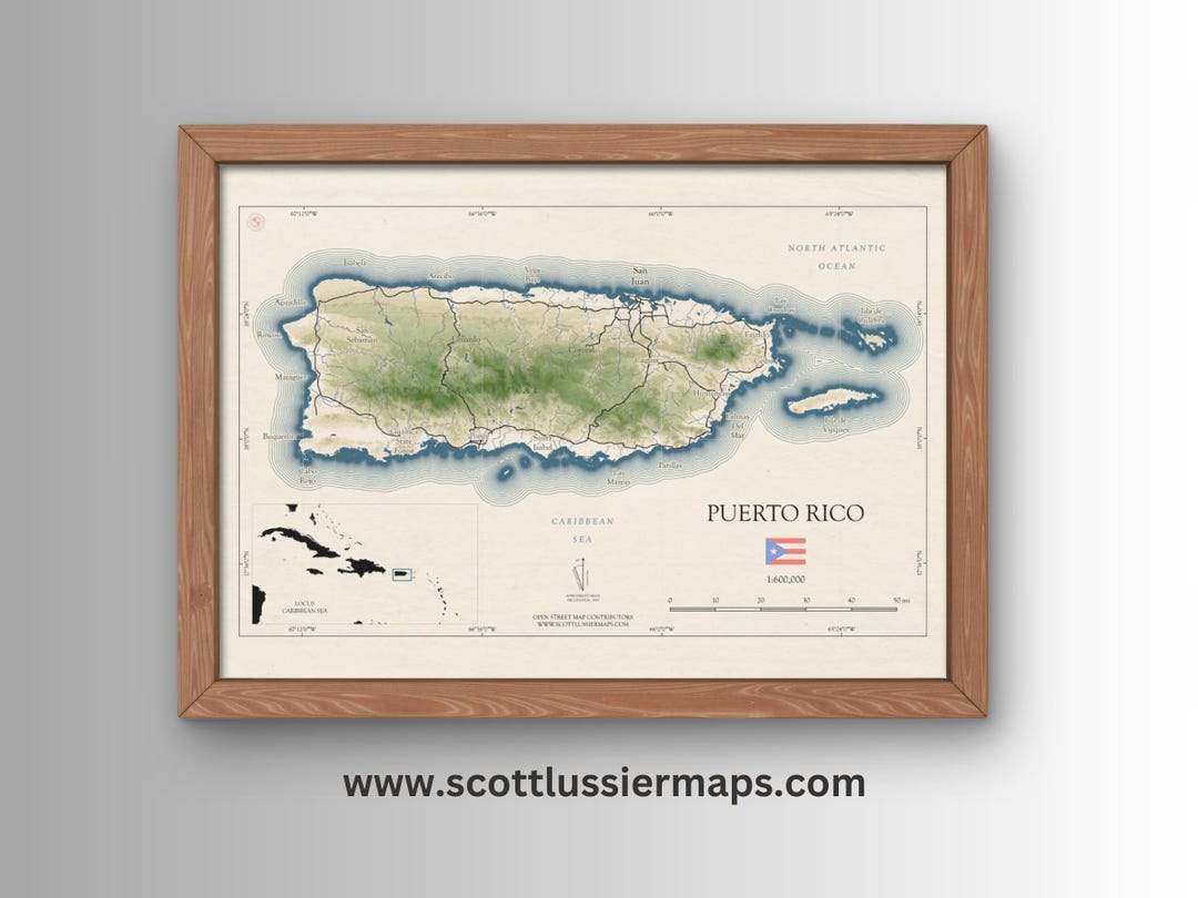 Puerto Rico Map VINTAGE Print Art Wall Decor Travel Memory Navigate ...