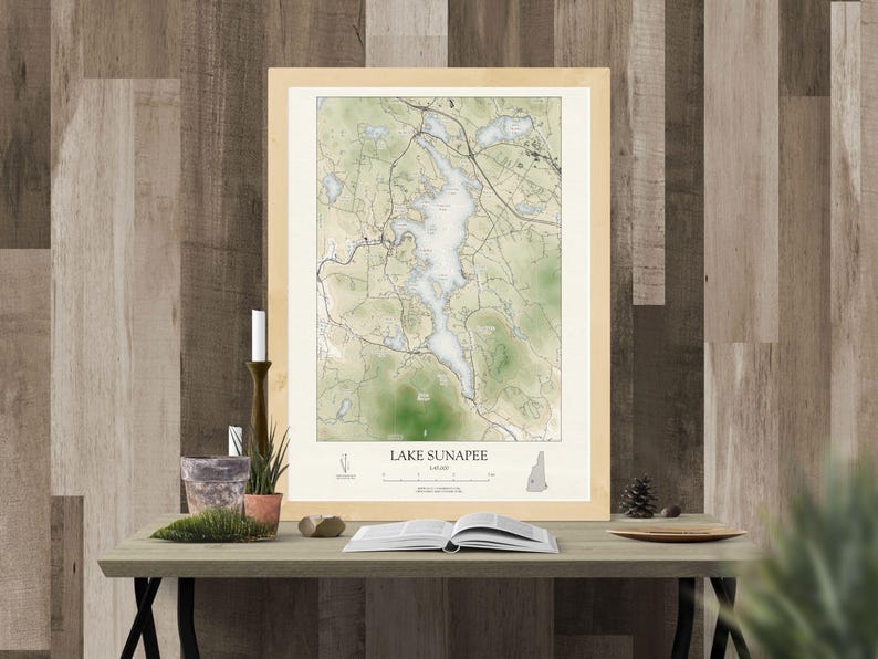 Map of Lake Sunapee NH Map Print: Vintage Style Travel Art ...