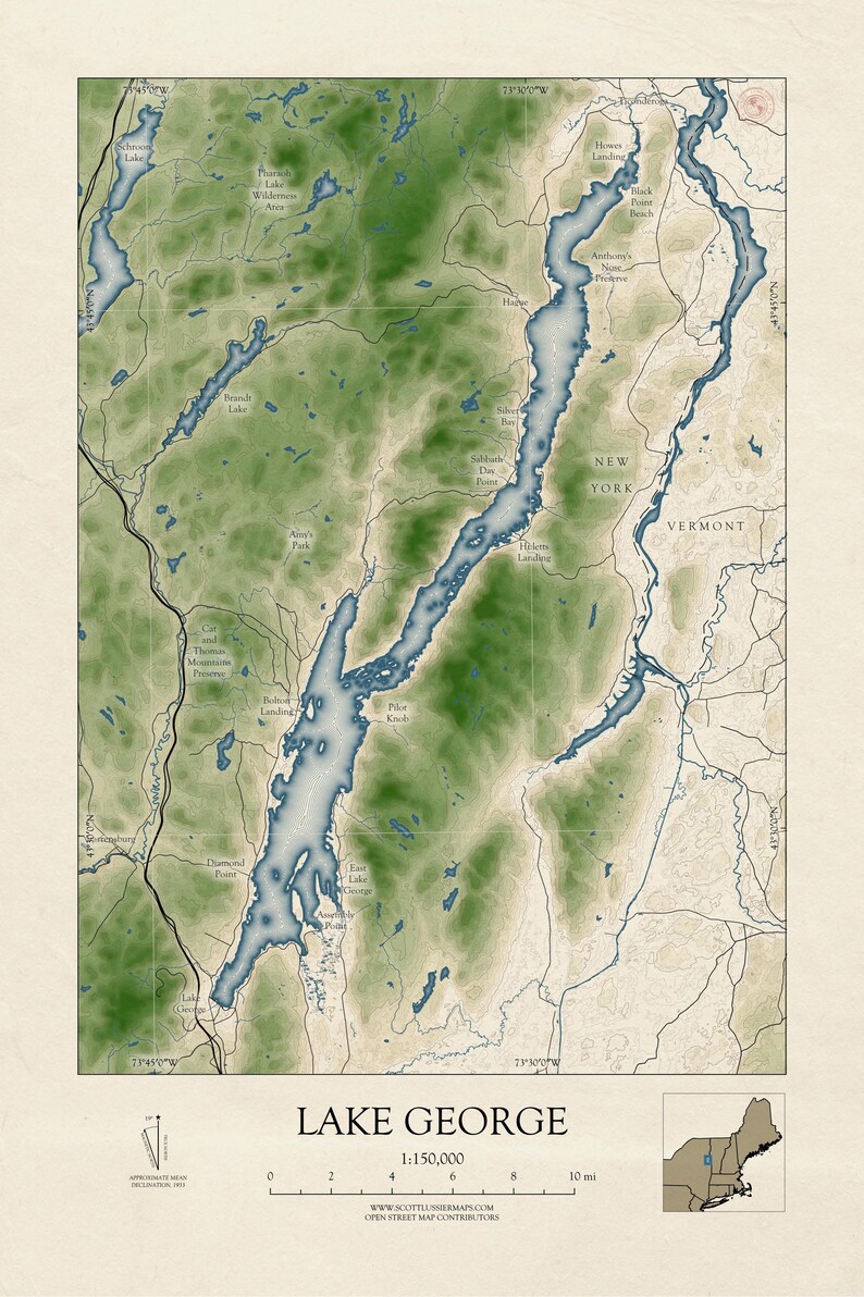 Lake George Map VINTAGE NY Print Art Wall Decor Travel Memory ...