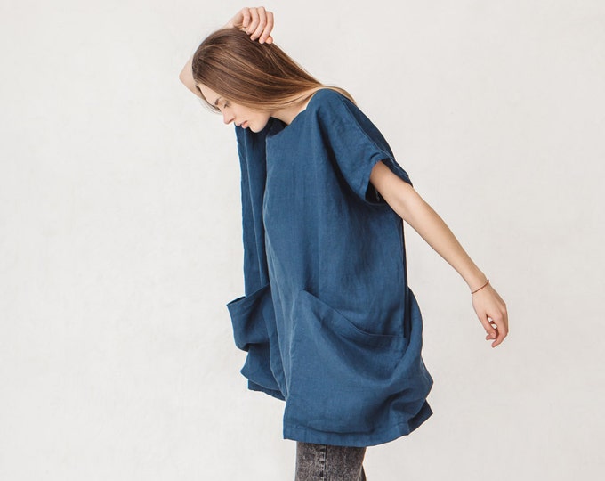 Oversized Navy Blue Linen Tunic, Linen Tunic With Two Big Pockets ...