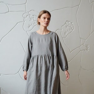 Margo Neutral Grey Linen Dress - Linen Dress - Fall Linen Dress - Long ...