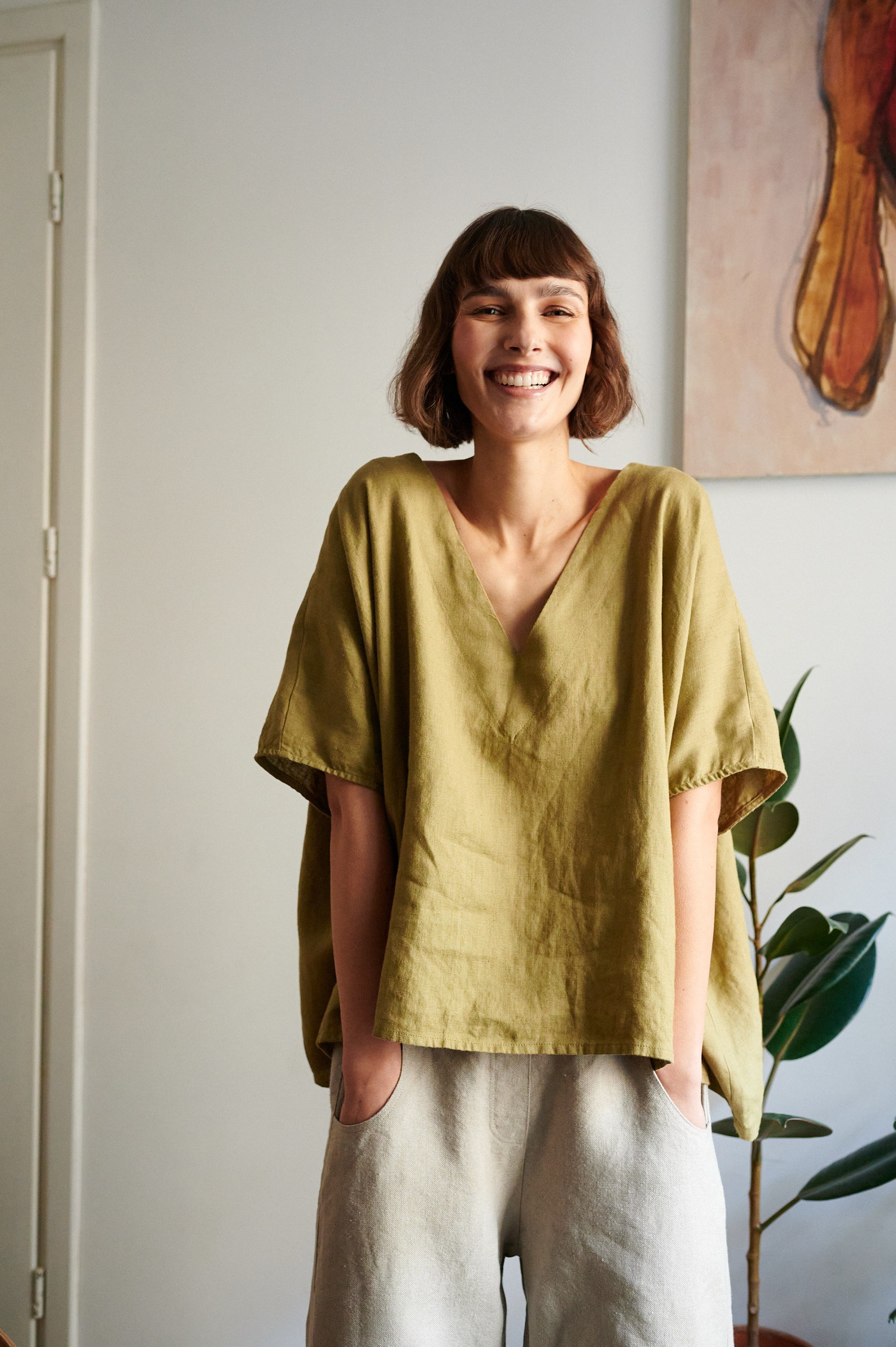 Brie Olive Top - One Size Top - Oversized Linen Blouse - Linen Top ...