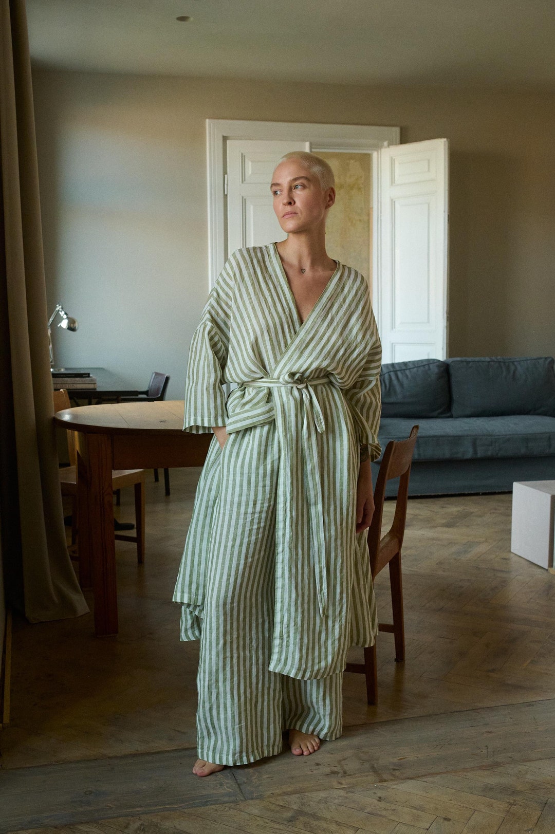 Long Linen Robe - Olive Stripes Linen - Bathrobe - Striped Robe - Linen ...