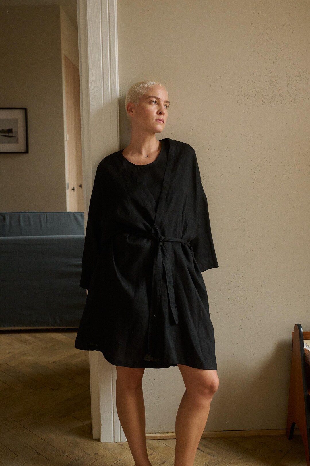 Short Linen Robe - Bathrobe - Black Linen Robe - Loungewear - Robe ...