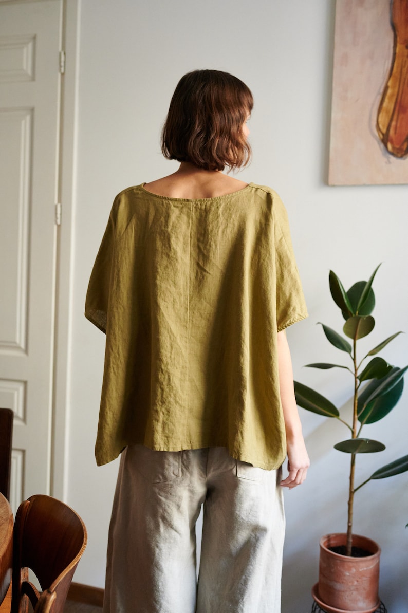 Brie Olive Top - One Size Top - Oversized Linen Blouse - Linen Top ...