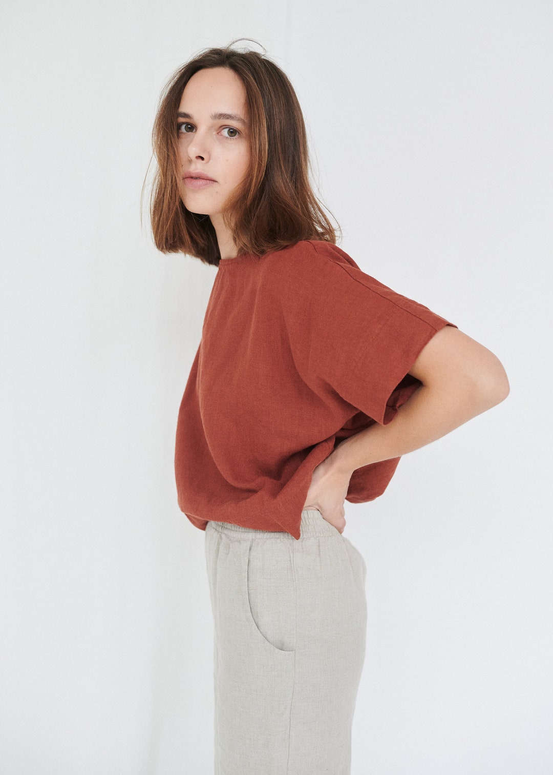 Mona Terracotta Top - Linen Top - Oversized Linen Top - Linen Blouse ...