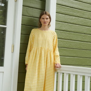 Margo Yellow Gingham Linen Dress - Linen Dress - Fall Linen Dress ...