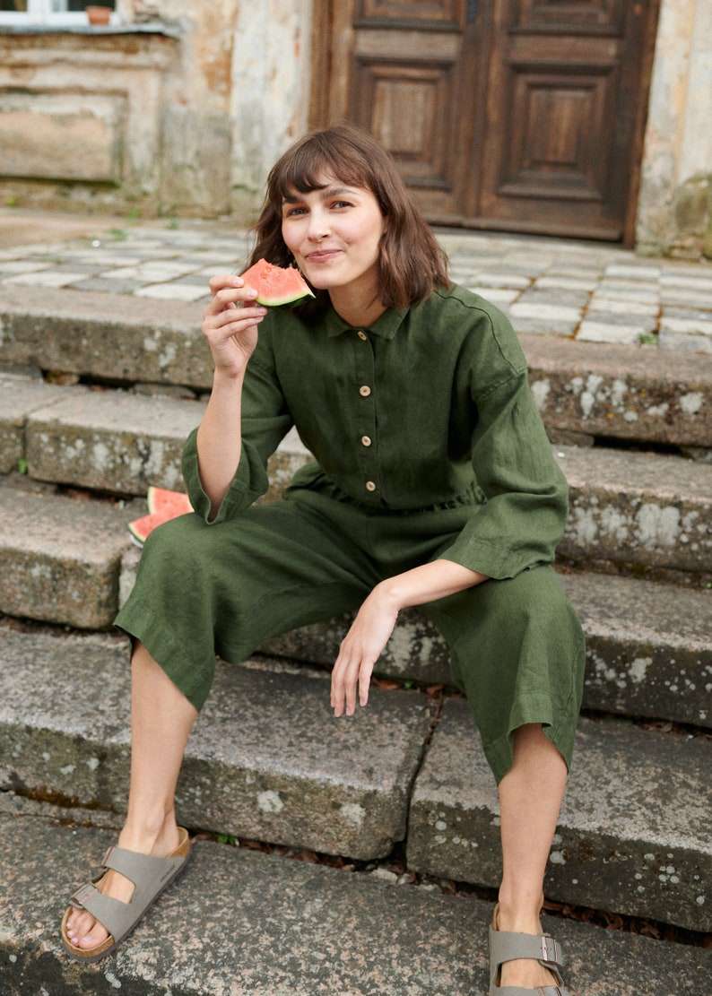 Work Forest Green Jumpsuit Washed Linen Jumpsuit Washed - Etsy