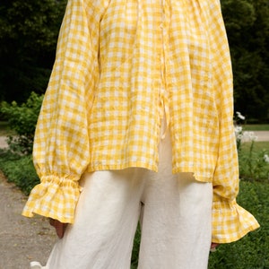 Mila Yellow Gingham Linen Top - Button Down Top - Linen Blouse - Long ...