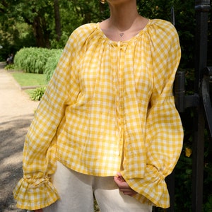 Mila Yellow Gingham Linen Top - Button Down Top - Linen Blouse - Long ...