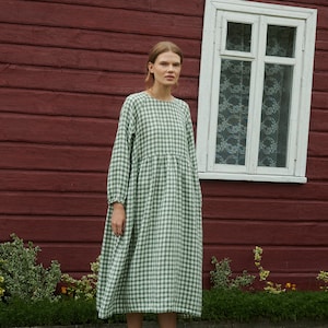 Margo Green Gingham Linen Dress - Linen Dress - Fall Linen Dress - Long ...